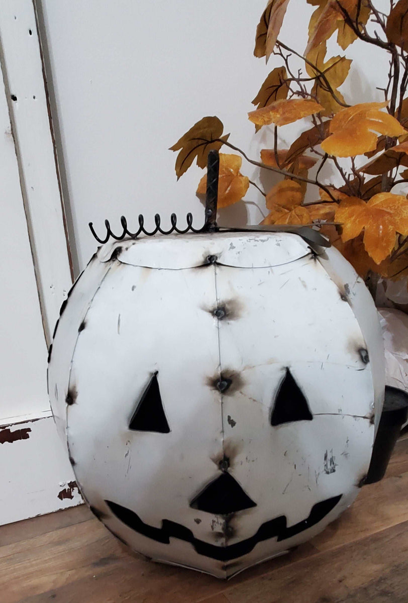 Halloween Large Metal Pumpkin ~ White Vintage Character